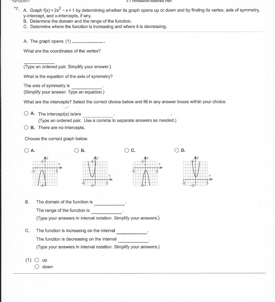 Solved 3.1 Homework-Matthew Har 7. A. Graph f(ox) 2x2 -x+1 | Chegg.com