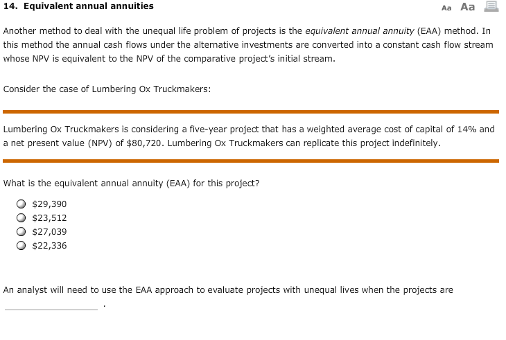 Solved 14. Equivalent annual annuities Aa Aa Another method | Chegg.com