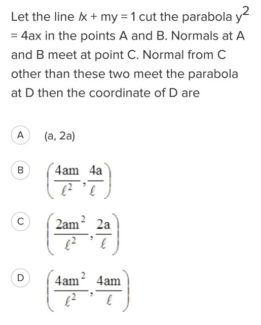 Solved Let the line k+ my 1 cut the parabola y2 4ax in the | Chegg.com