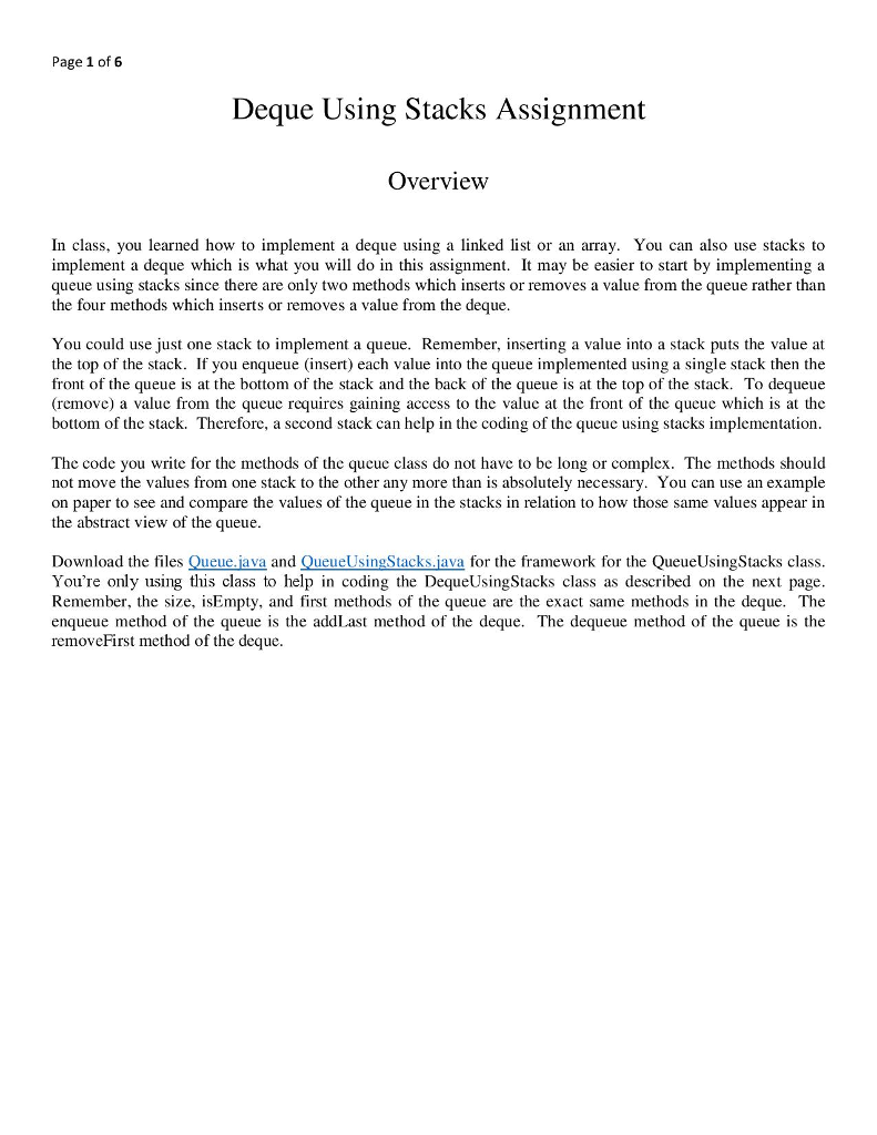 Page 1 of 6 Deque Using Stacks Assignment Overview In | Chegg.com