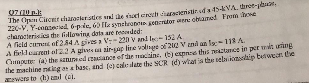 Solved 07 (10 p. The Open Circuit characteristics and the | Chegg.com