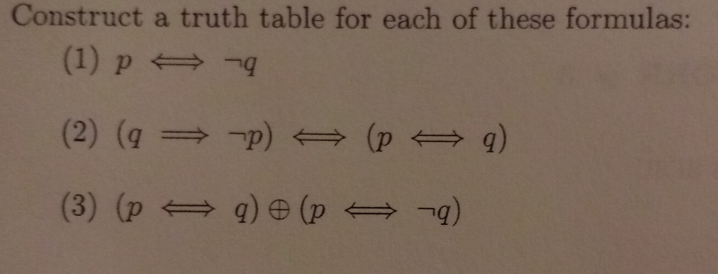 Solved Construct a truth table for each of these formulas: | Chegg.com
