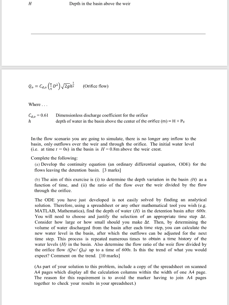 Solved Depth in the basin above the weir 0oCanD2ghz (Orifice | Chegg.com