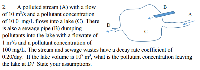 Solved A polluted stream (A) with a flow of 10 m3/s and a | Chegg.com