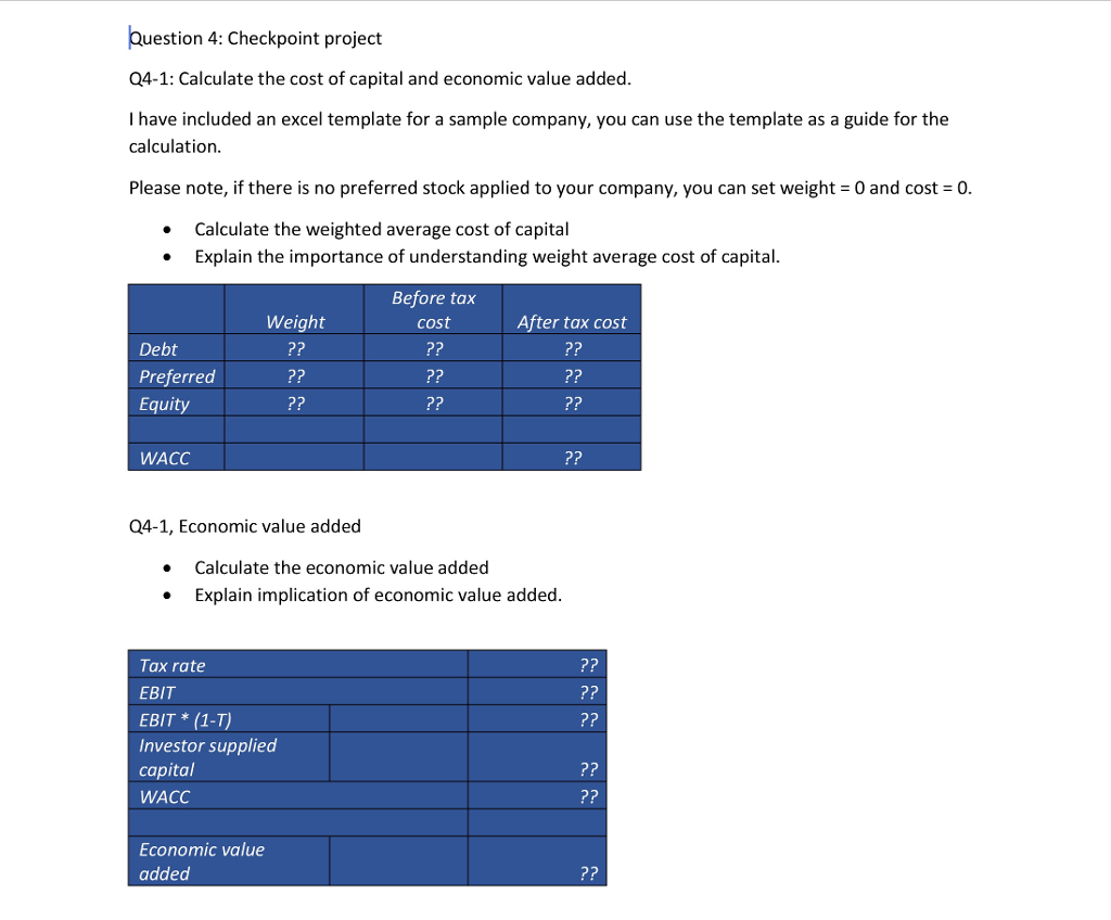 Solved Question 4: Checkpoint project Q4-1: Calculate the | Chegg.com