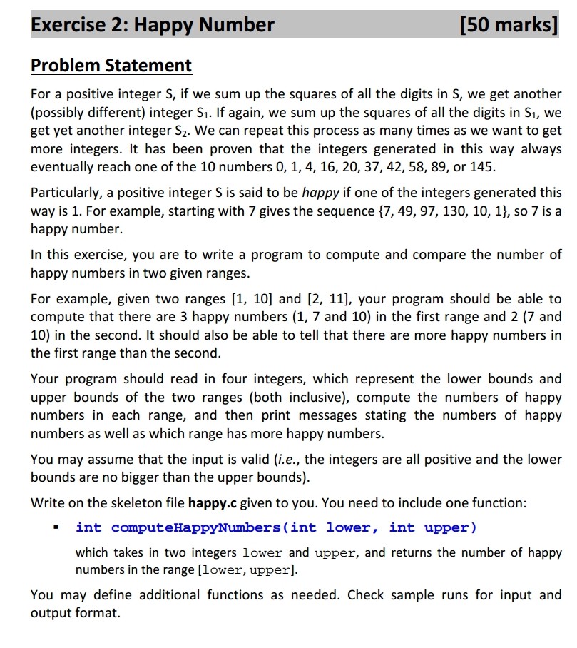 Solved Exercise 2: Happy Number 50 marks] Problem Statement | Chegg.com