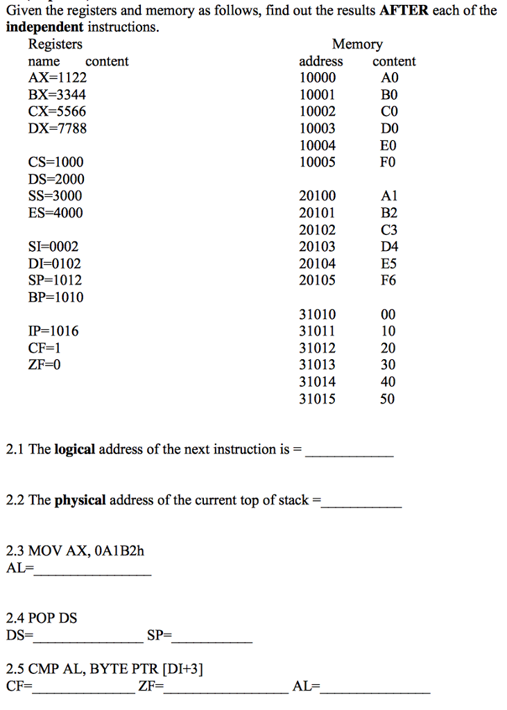 Solved Given the registers and memory as follows, find out | Chegg.com