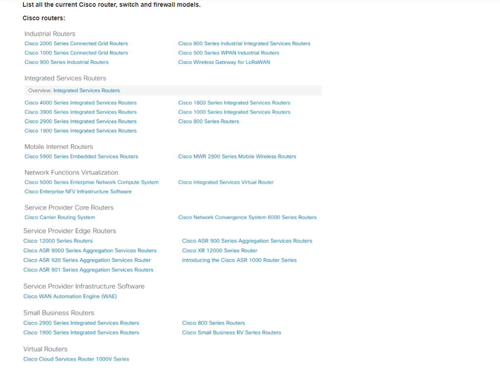 Solved List all the current Cisco router, switch and | Chegg.com