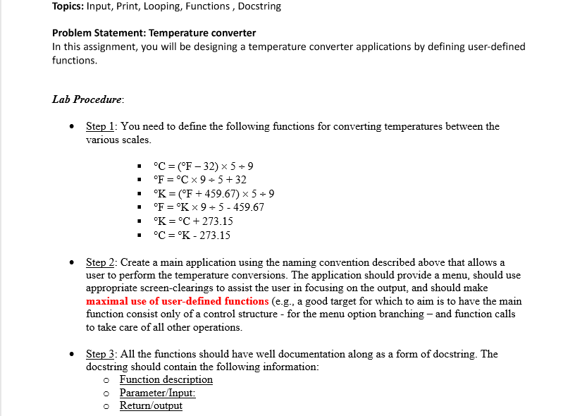 Solved Topics: Input, Print, Looping, Functions, Docstring | Chegg.com