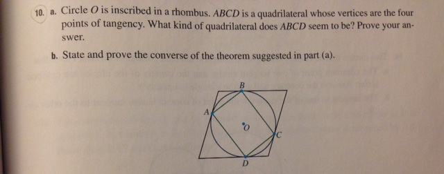 Solved 10. a. Circle O is inscribed in a rhombus. ABCD is a | Chegg.com
