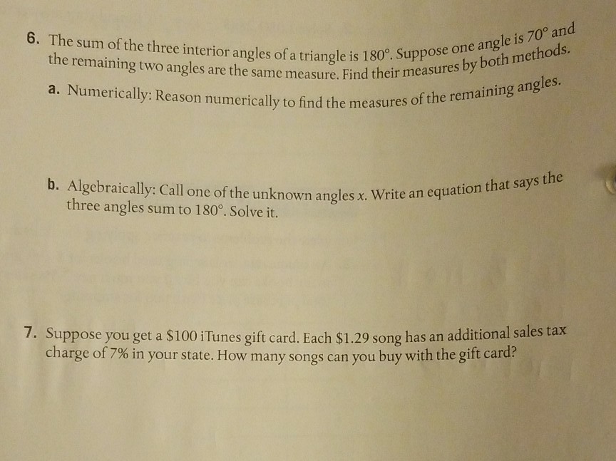 Solved 6. The sum of the three interior angles of a triangle | Chegg.com