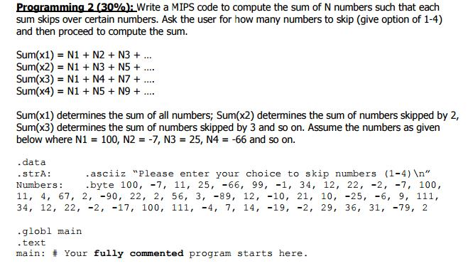 Write a MIPS code to compute the sum of N numbers | Chegg.com