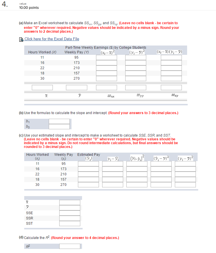 Solved: Make An Excel Worksheet To Calculate SS_XX, SS_yy,... | Chegg.com