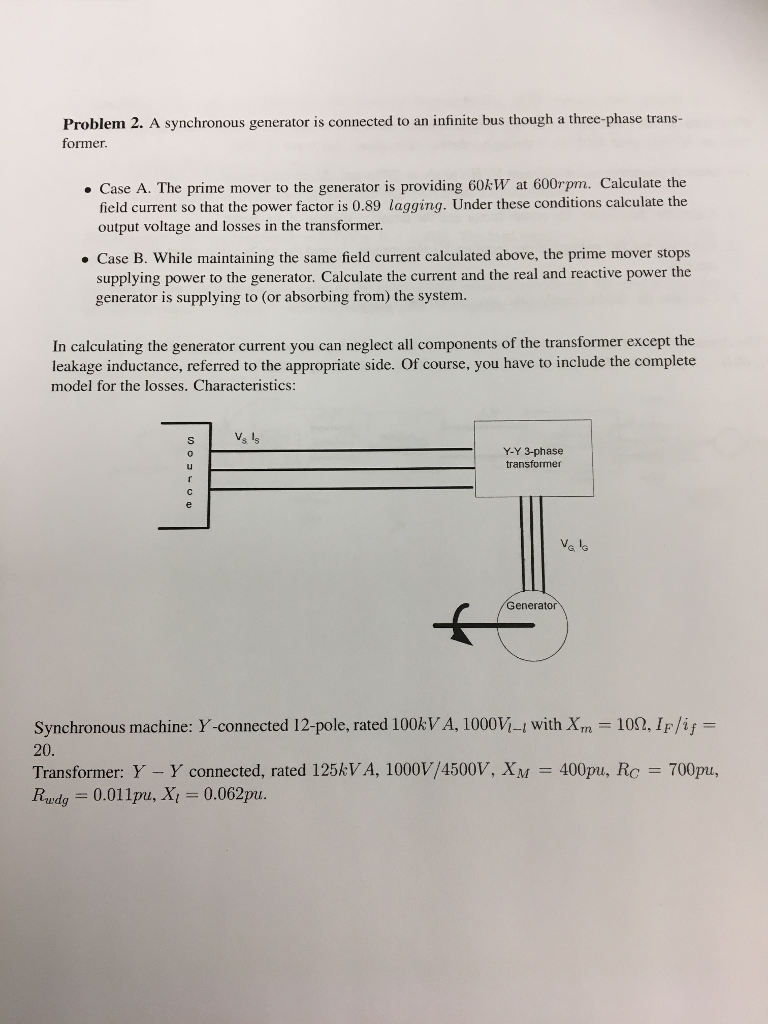 Problem 2. A synchronous generator is connected to an | Chegg.com