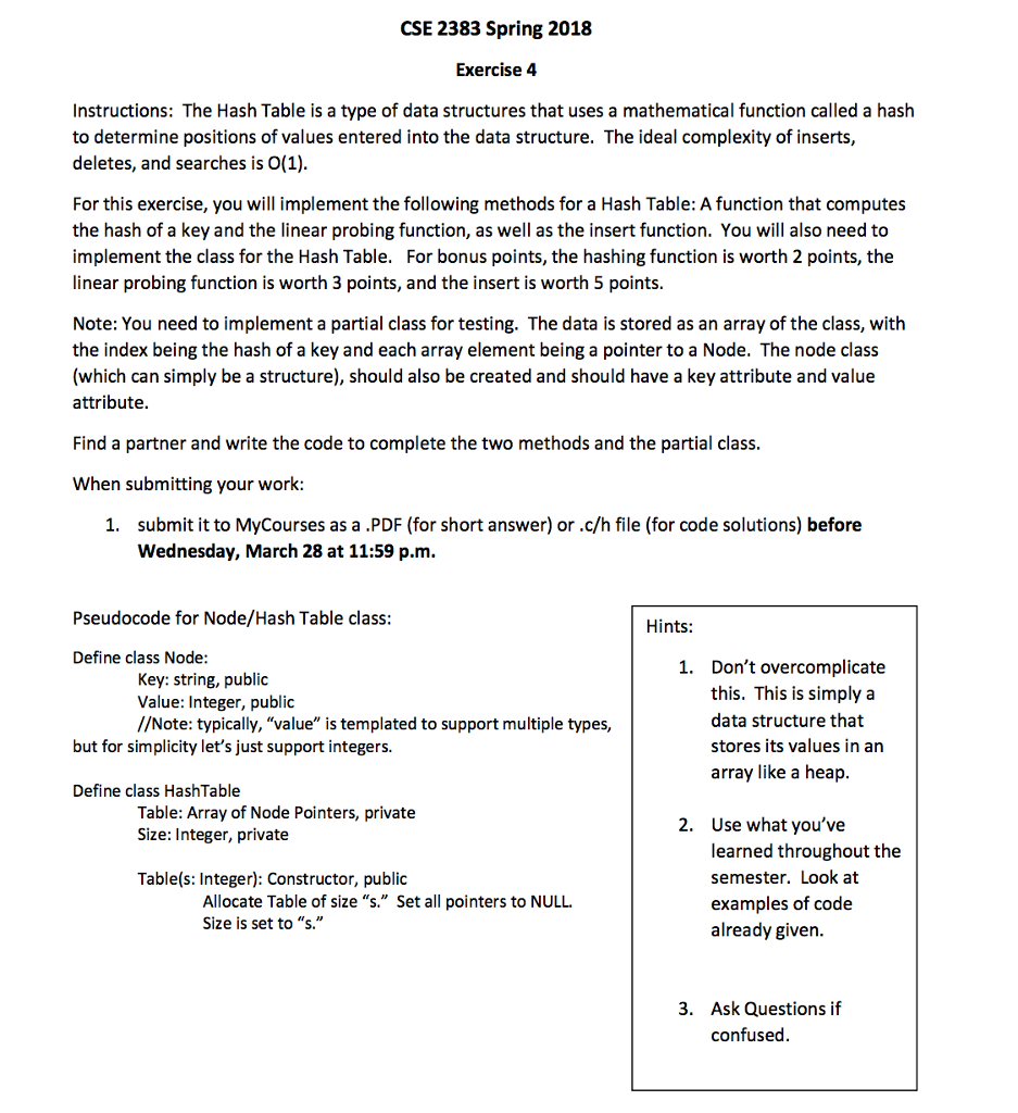 CSE 2383 Spring 2018 Exercise 4 Instructions: The | Chegg.com