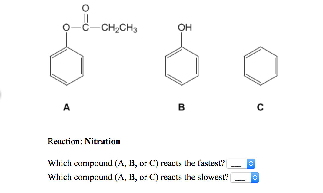Solved Reaction: Nitration Which compound (A, B, or C) | Chegg.com