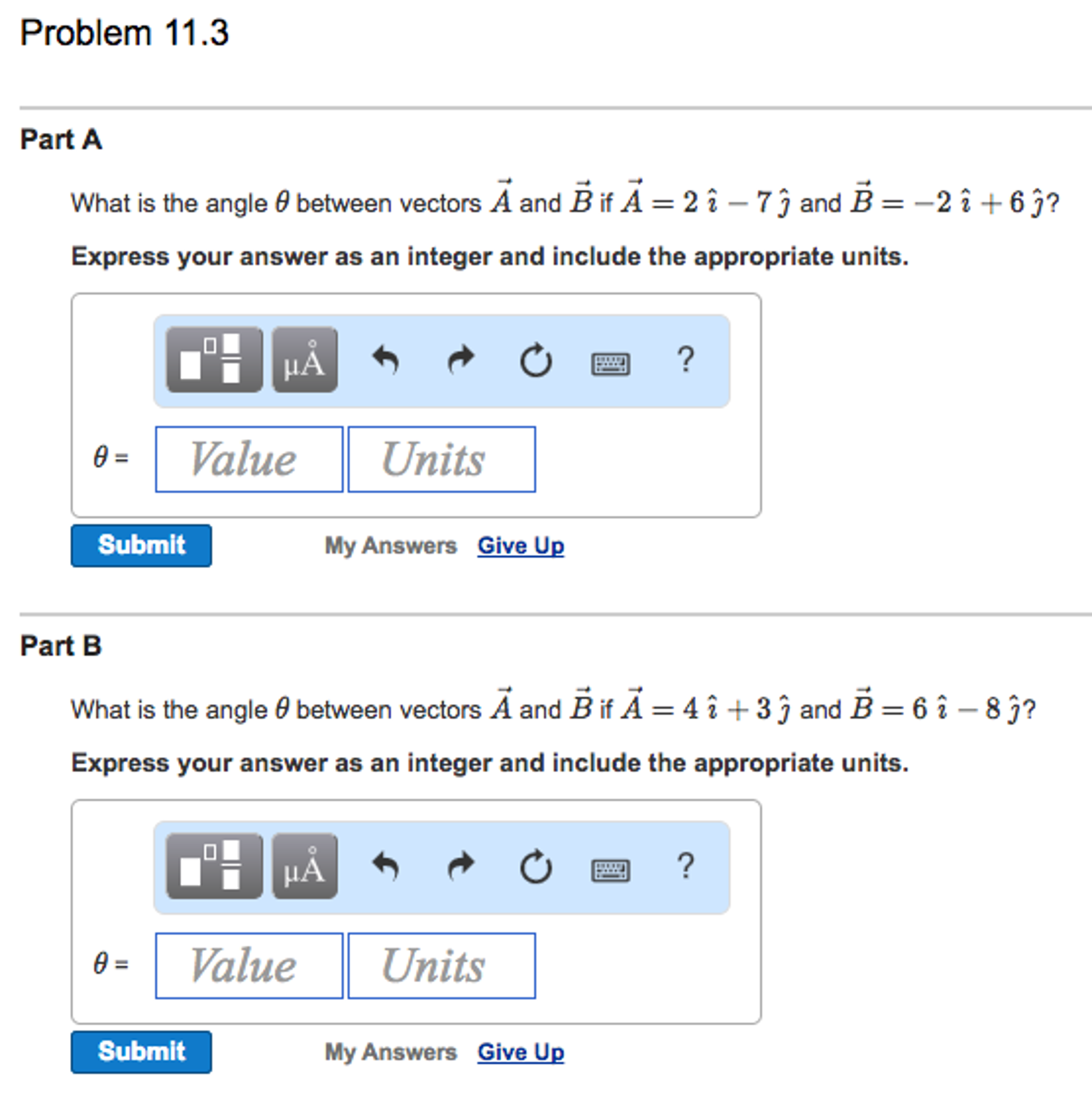 Solved What is the angle theta between vectors vector A and | Chegg.com