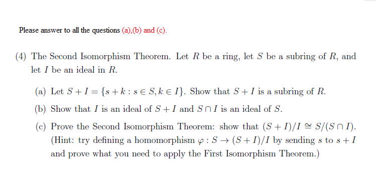 Solved The Second Isomorphism Theorem. Let R be a ring, let | Chegg.com