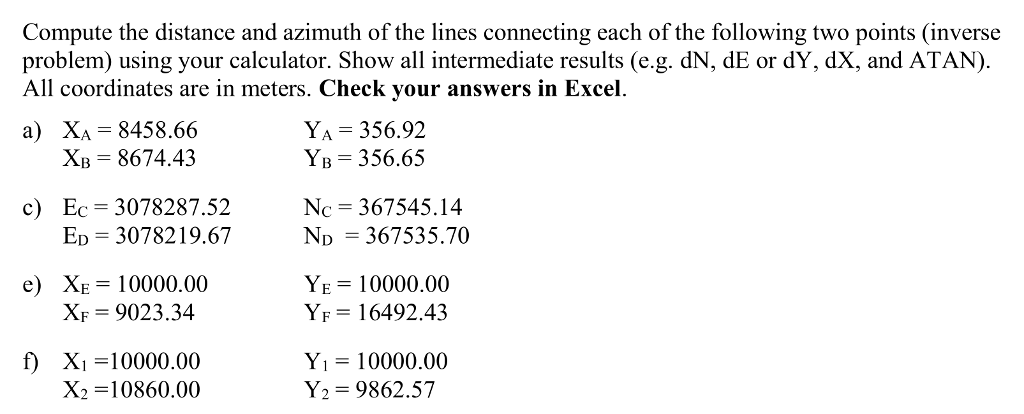 Solved Compute the distance and azimuth of the lines | Chegg.com