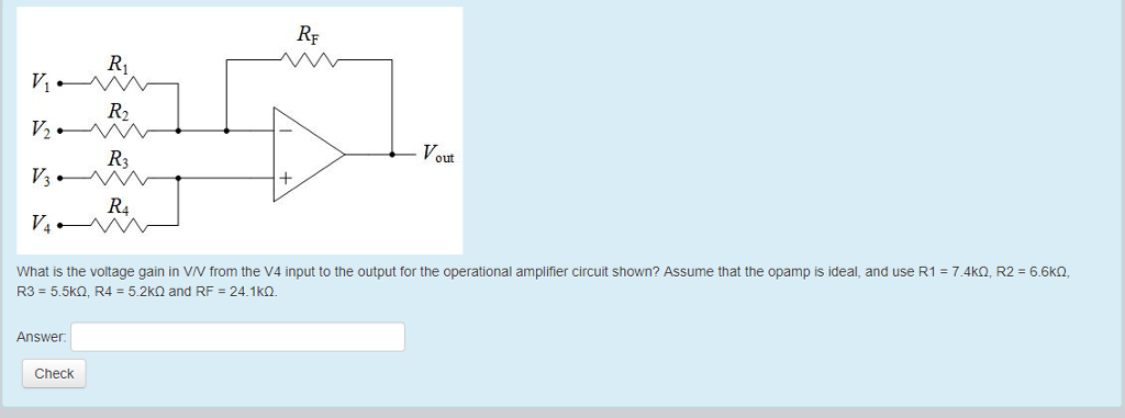 Solved RF V2 Vs V4 R1 R2 R3 R4 Vout 66kQ What is the voltage | Chegg.com