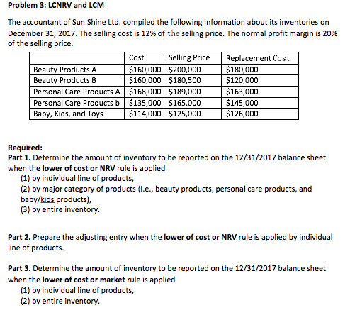 Solved Problem 3: LCNRV and LCM The accountant of Sun Shine | Chegg.com