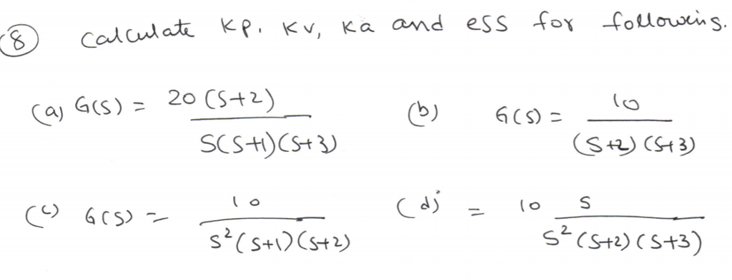 Solved Calculate KP, KV, ka and ess for following. (a) G | Chegg.com