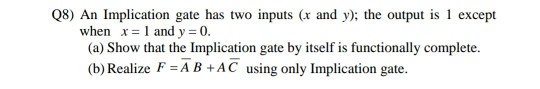 Solved Q8) An Implication gate has two inputs (x and y): the | Chegg.com