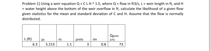 Solved Using a weir equation Q = C L H^1.5, where Q = flow | Chegg.com