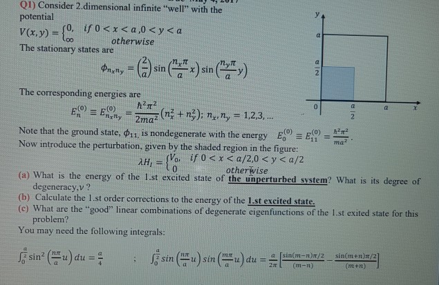 Solved Q1) Consider 2. dimensional infinite "well' with the | Chegg.com