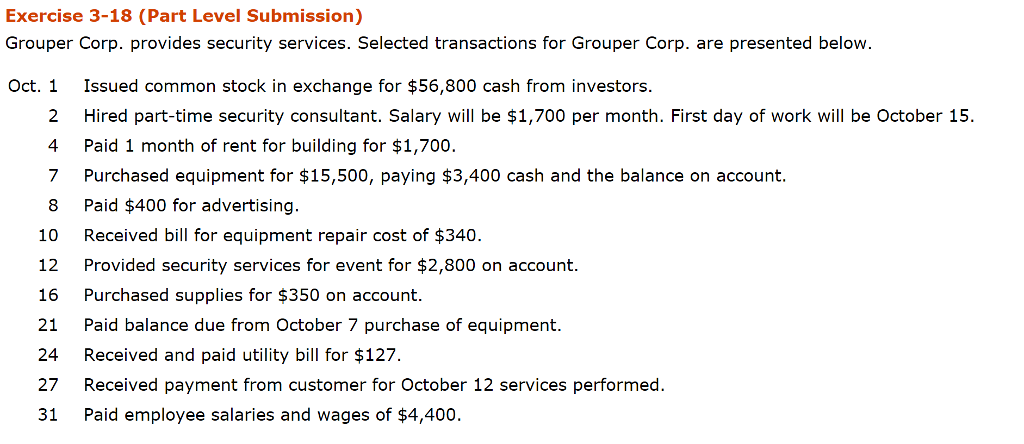 Solved Exercise 3-18 (Part Level Submission) Grouper Corp. | Chegg.com