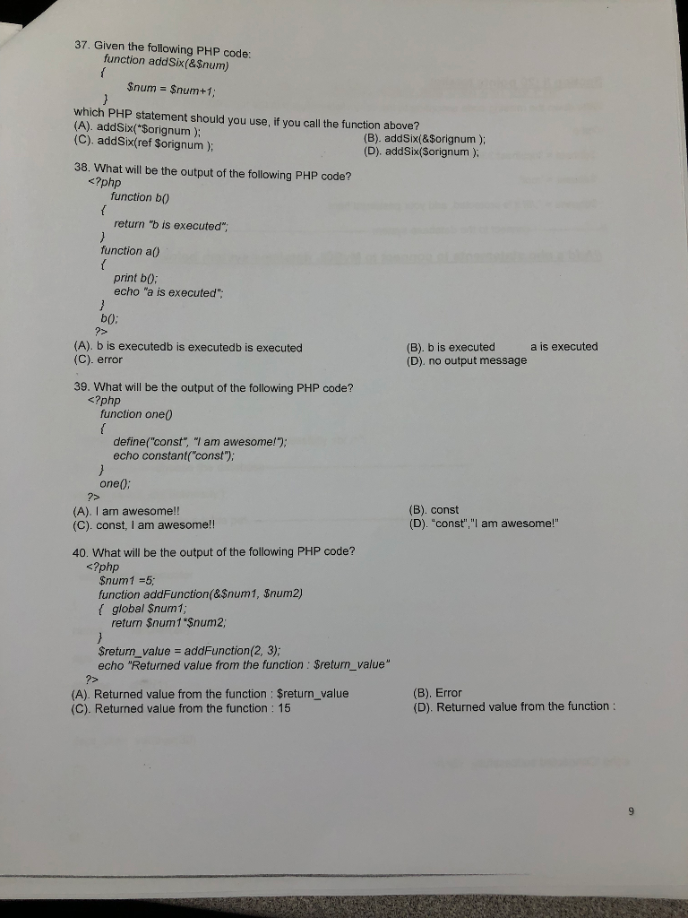 Solved 37 Given The Following Php Code Function 7505
