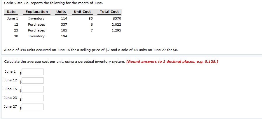 Solved Carla Vista Co. reports the following for the month | Chegg.com