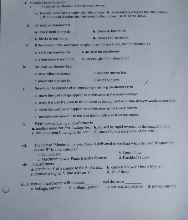Solved 1. Multiple Choice Questions i A step-up transformer | Chegg.com