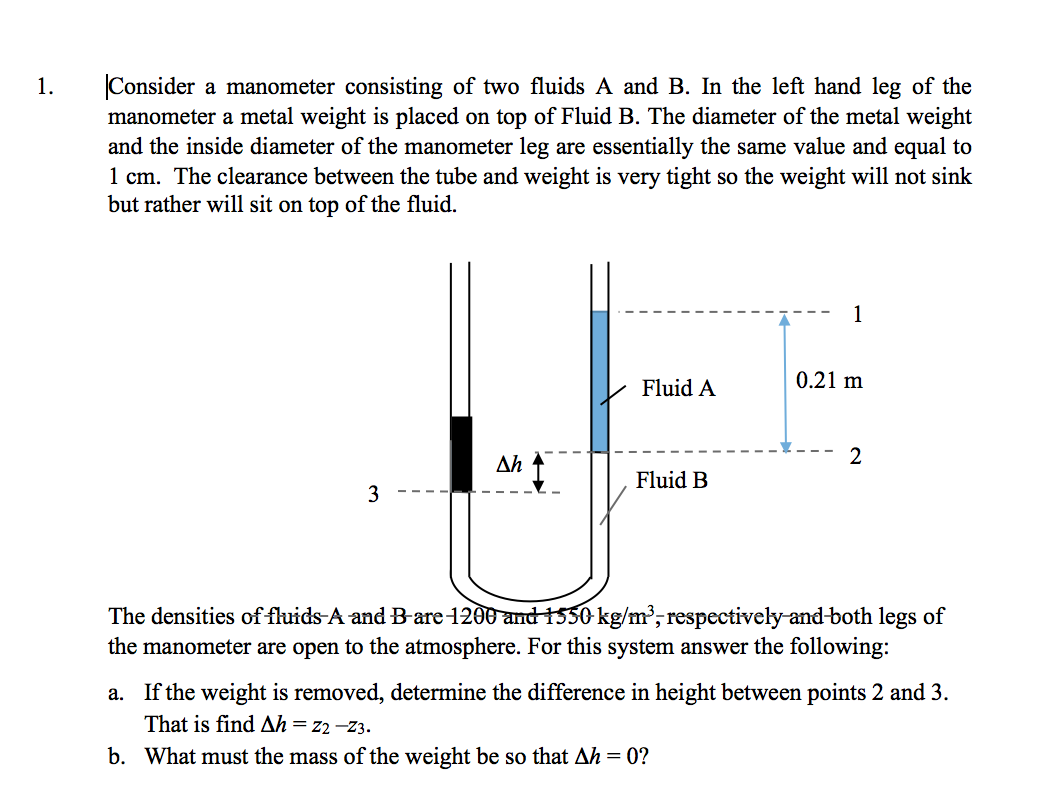 Solved 1. Consider a manometer consisting of two fluids A | Chegg.com