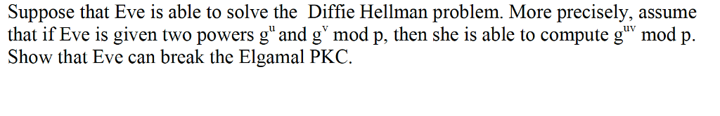 Solved Suppose that Eve is able to solve the Diffie Hellman | Chegg.com