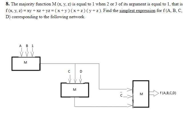 Solved 8. The majority function M (x, y, z) is equal to 1 | Chegg.com