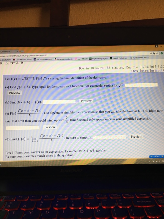 Solved Let f(x) = Squareroot 3x - 3. Find f'(z) using the | Chegg.com