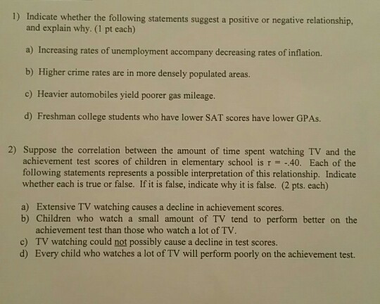 Solved 1) Indicate whether the following statements suggest | Chegg.com