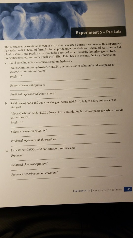 Solved Experiment 5 - Pre Lab The substances or solutions | Chegg.com