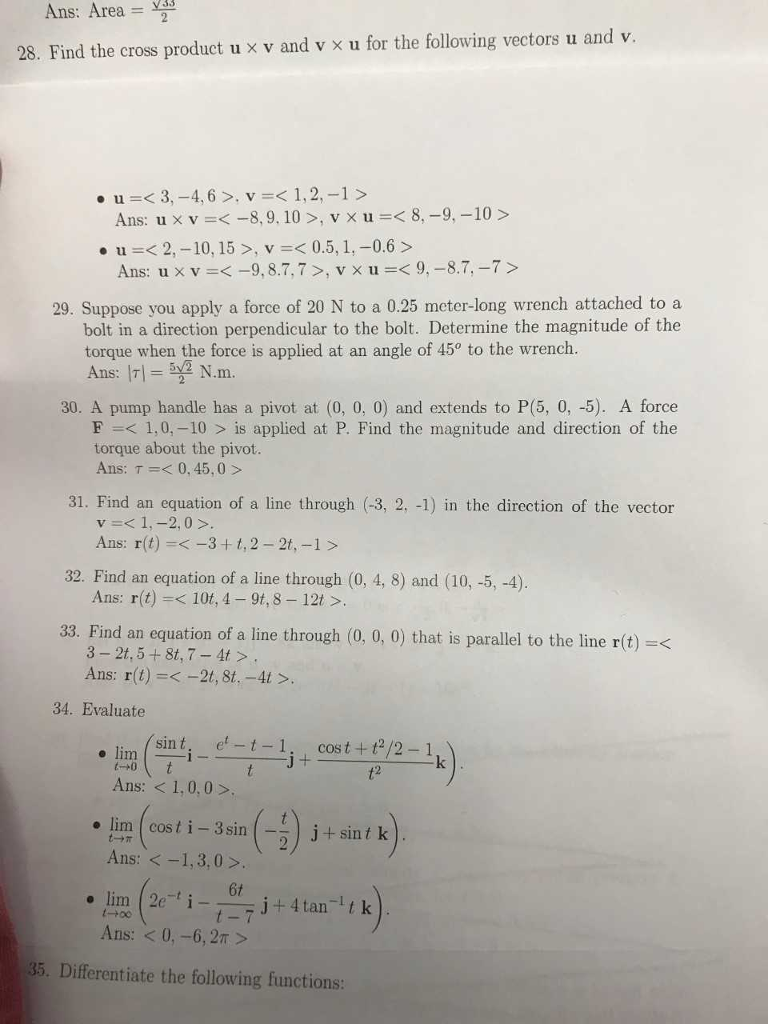 Solved Ans: Area= yas 28. Find the cros prodtuct u x v and v | Chegg.com