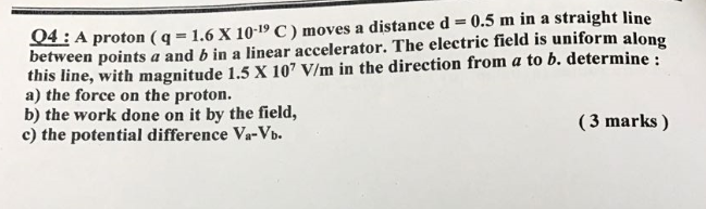 Solved A proton (q = 1.6 times 10^-19 C) moves a distance d | Chegg.com