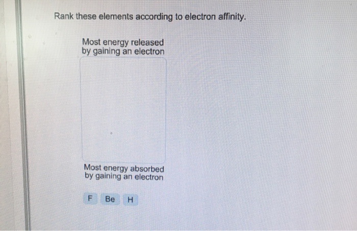 Solved Rank these elements according to electron affinity | Chegg.com Solved Rank these elements according to electron affinity | Chegg.com