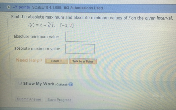 Solved Find the absolute maximum and absolute minimum values | Chegg.com