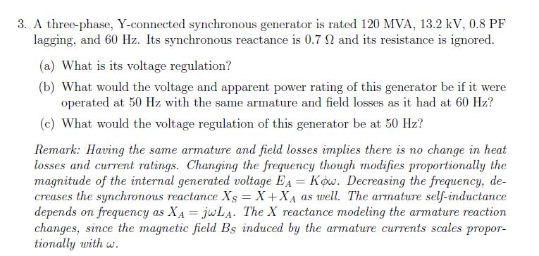 Solved A three-phase, Y-connected synchronous generator is | Chegg.com