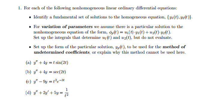 Solved For each of the following nonhomogeneous linear | Chegg.com