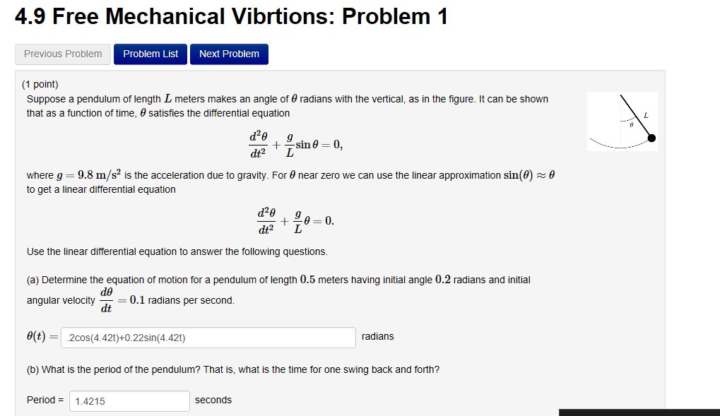 Solved 4.9 Free Mechanical Vibrtions: Problem 1 Previous | Chegg.com