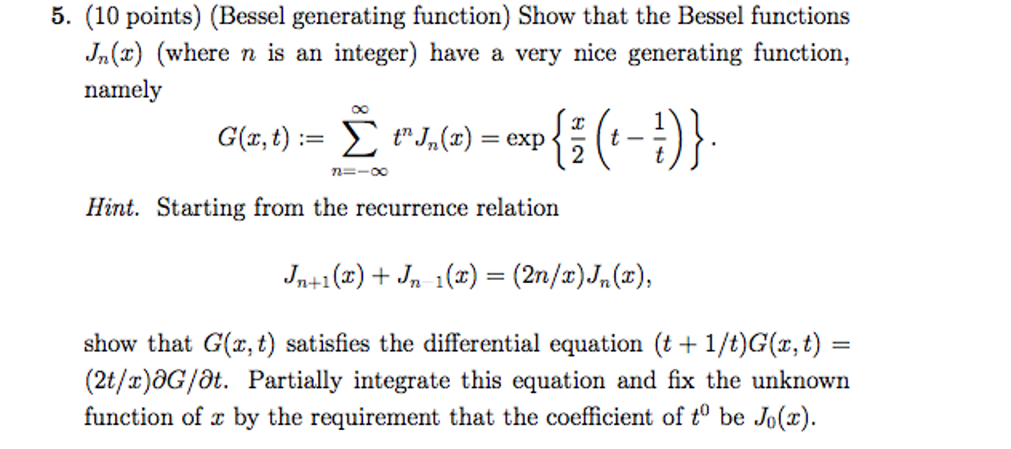 Bessel Generating Function Show That The Bessel