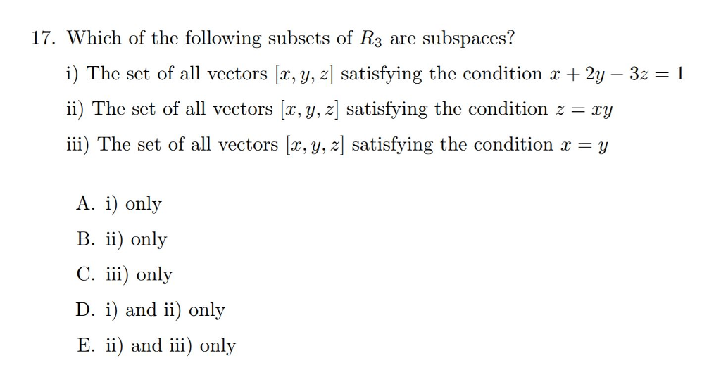 Solved 17. Which of the following subsets of R3 are | Chegg.com