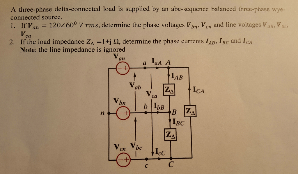 Solved A three-phase delta-connected load is supplied by an | Chegg.com