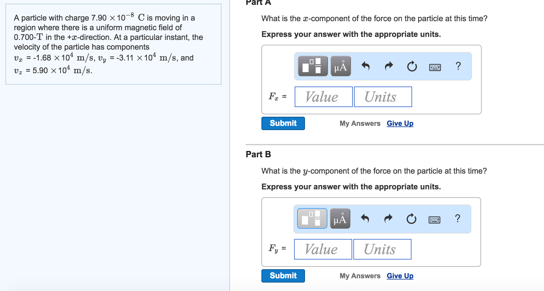 Solved A particle with charge 7.90 times 10^-8 C is moving | Chegg.com